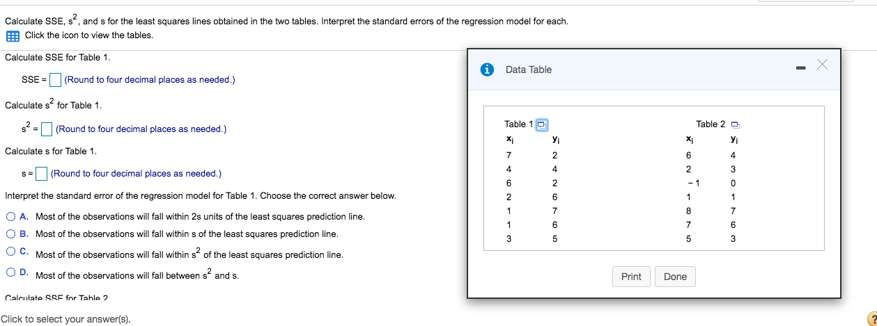 Solved Calculate SSE, s, and s for the least squares lines | Chegg.com