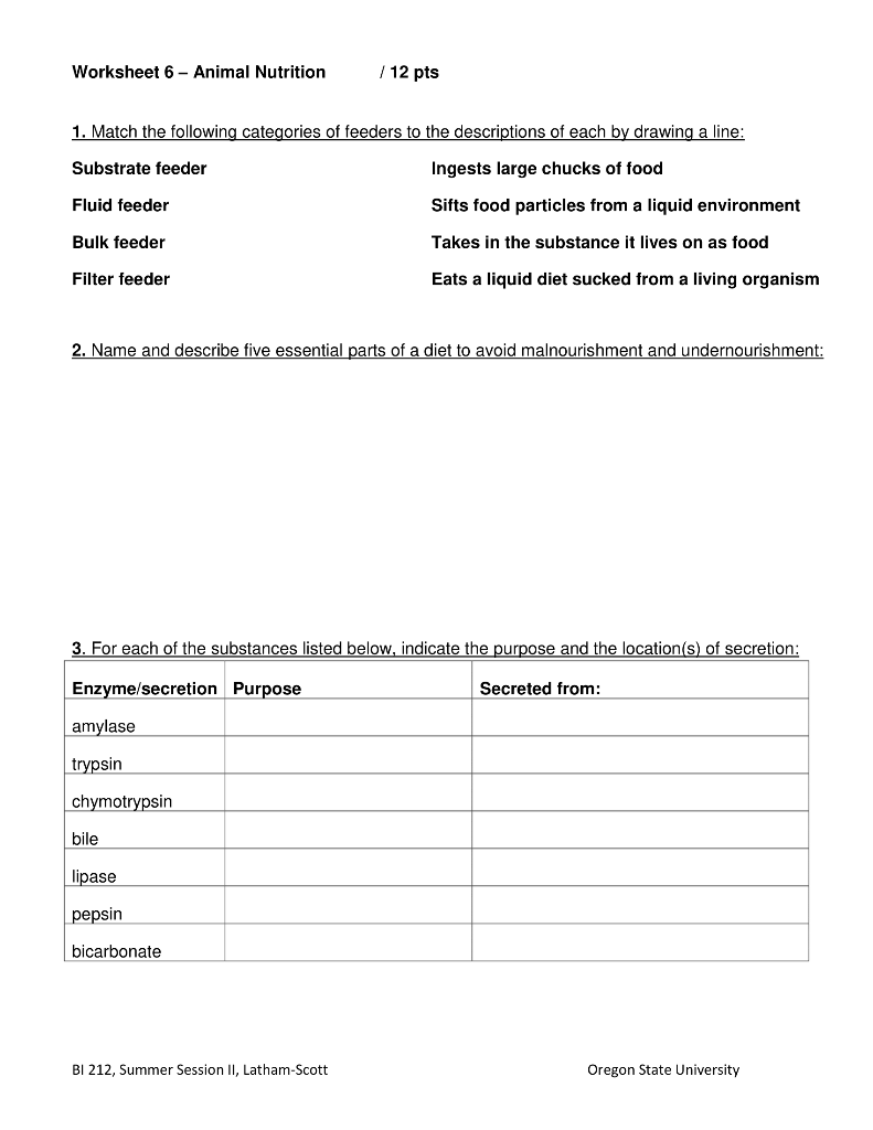 Solved Worksheet 6 - Animal Nutrition / 12 pts 1. Match the | Chegg.com