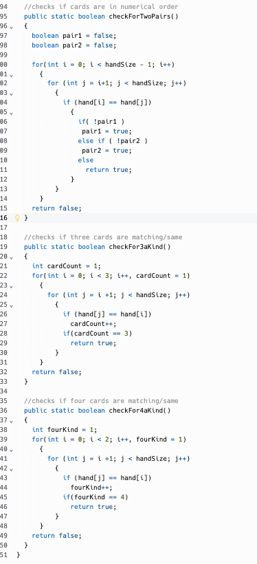Solved Im adding lines of code to check for 3 of a kind, 4 | Chegg.com