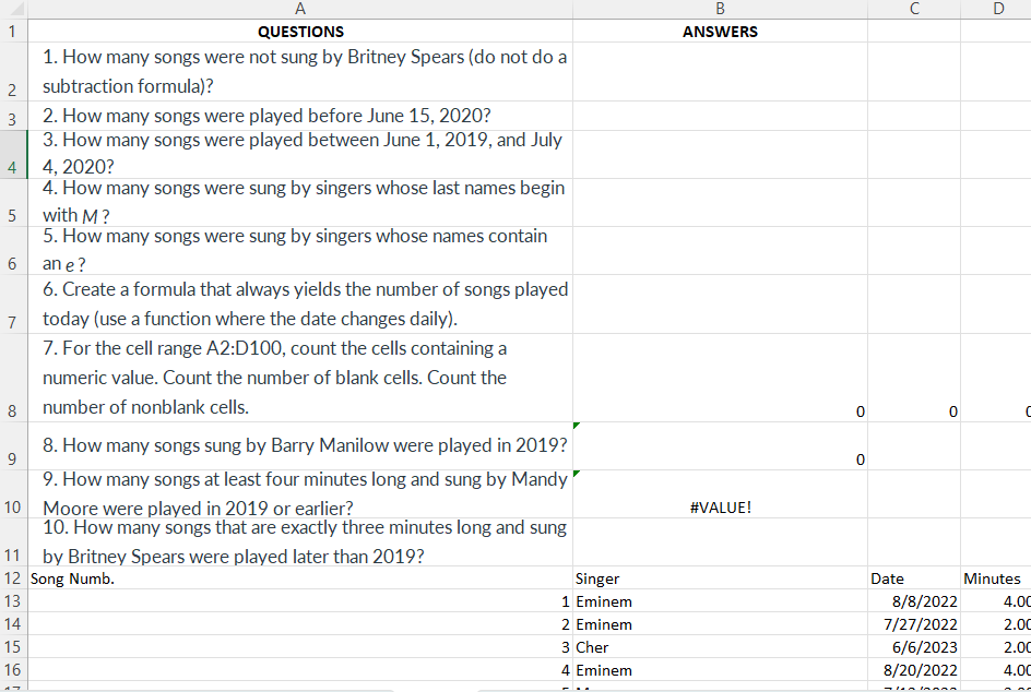 Solved Write the Excel formulas to give the correct values. | Chegg.com
