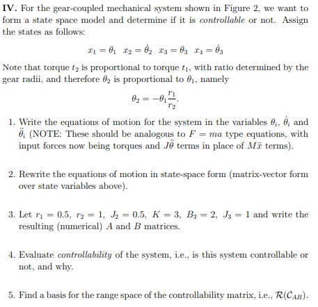 Solved IV. For the gear-coupled mechanical system shown in | Chegg.com
