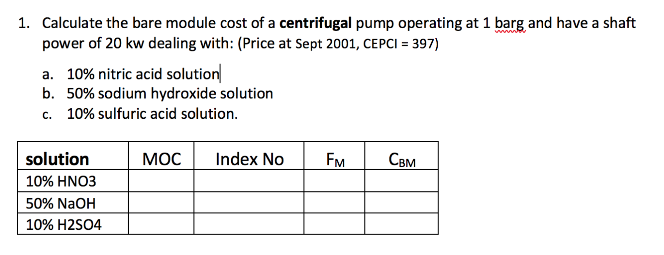 1. Calculate the bare module cost of a centrifugal | Chegg.com