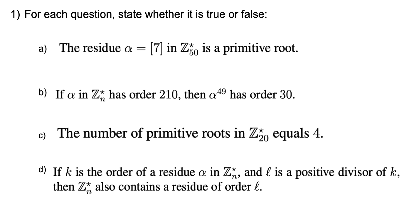Solved For each question, state whether it is true or false: | Chegg.com