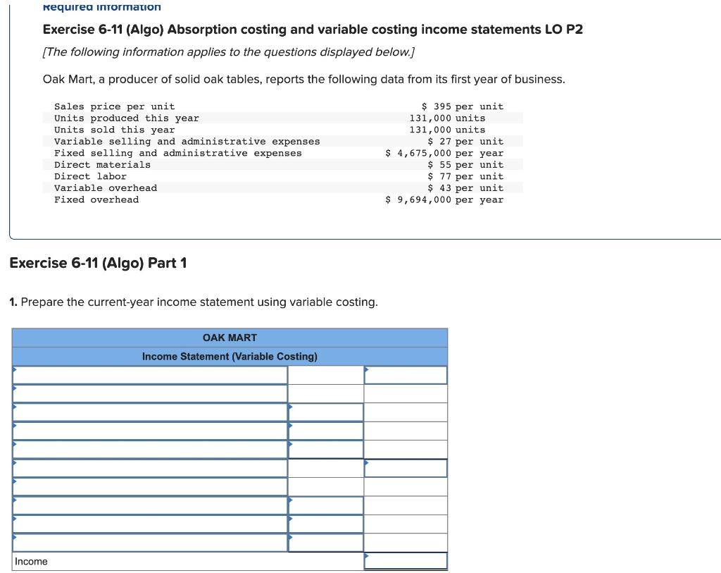 Solved Exercise 6-11 (Algo) Absorption costing and variable | Chegg.com
