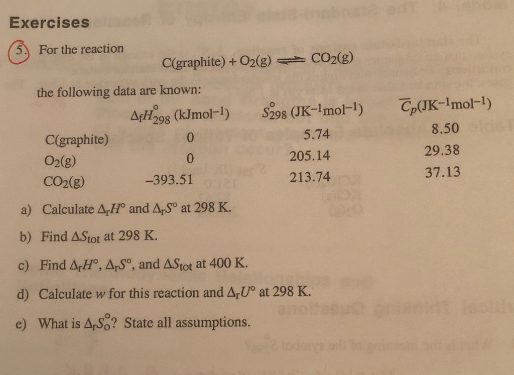 Solved Exercises 5. For the reaction C(graphite) + O2(g) | Chegg.com