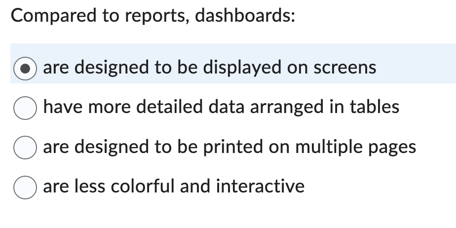 Solved Compared to reports, dashboards: are designed to be | Chegg.com