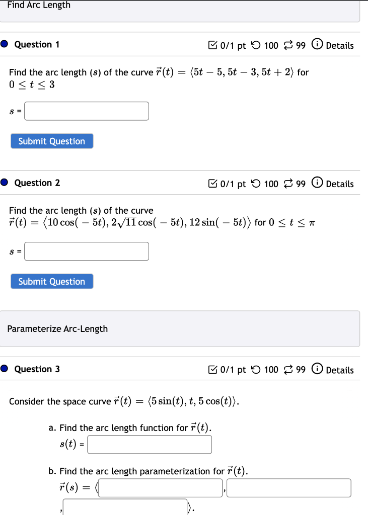 Solved Find Arc Length • Question 1 B0/1 pt 100 99 Details | Chegg.com