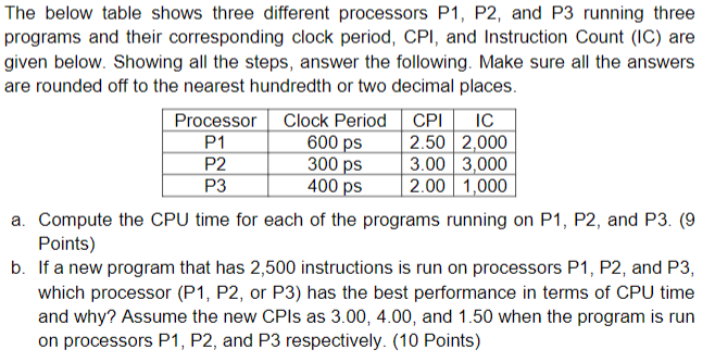 Solved The below table shows three different processors | Chegg.com