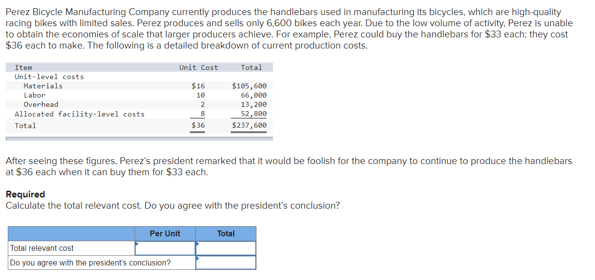 Solved Perez Bicycle Manufacturing Company currently | Chegg.com