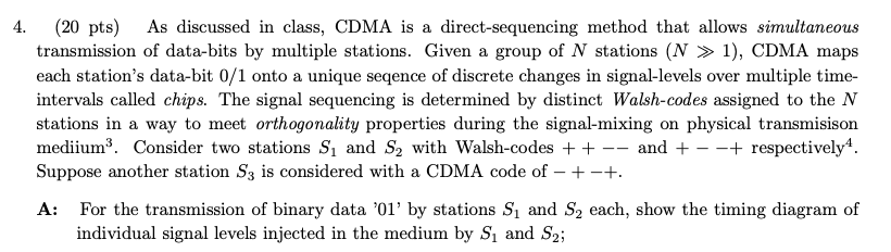 Solved 4. (20 pts) As discussed in class, CDMA is a | Chegg.com