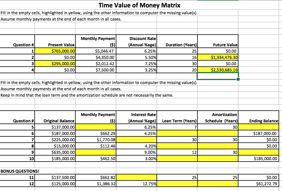 Solved Time Value of Money Matrix Fill in the empty cells, | Chegg.com