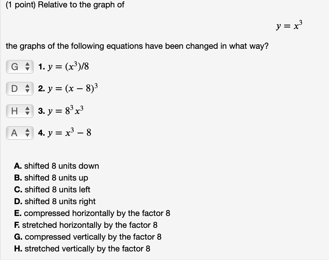 Solved (1 point) Relative to the graph of y=x3 the graphs of | Chegg.com