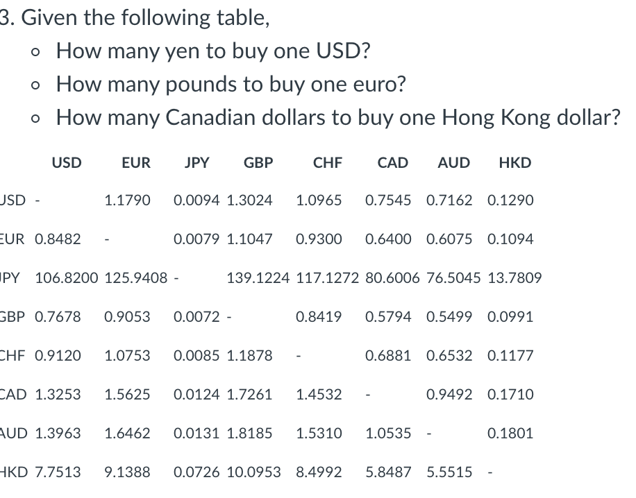Solved 3. Given the following table, o How many yen to buy | Chegg.com