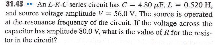 Solved 31.43⋯ An L−R−C series circuit has C=4.80μF,L=0.520H, | Chegg.com