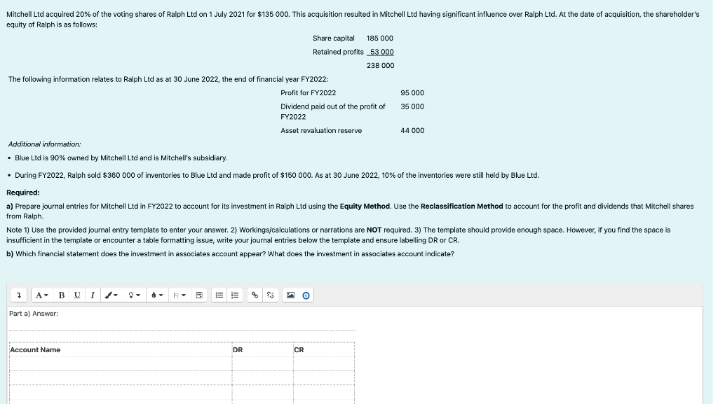 Additional information: - Blue Ltd is 90\% owned by | Chegg.com