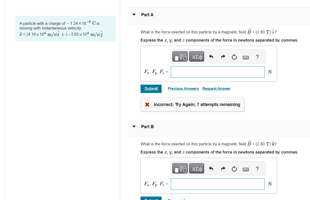 Solved A particle with a charge of −1.24×10−8C is moving | Chegg.com