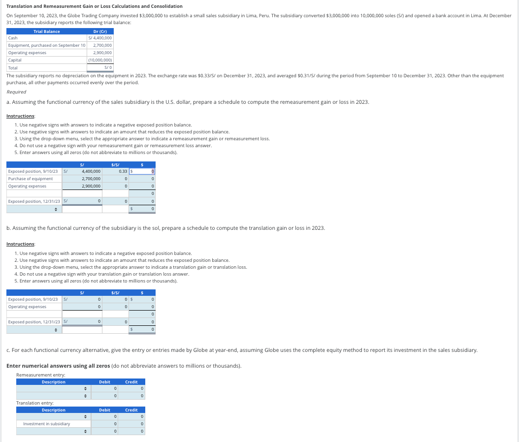 Translation and Remeasurement Gain or Loss | Chegg.com