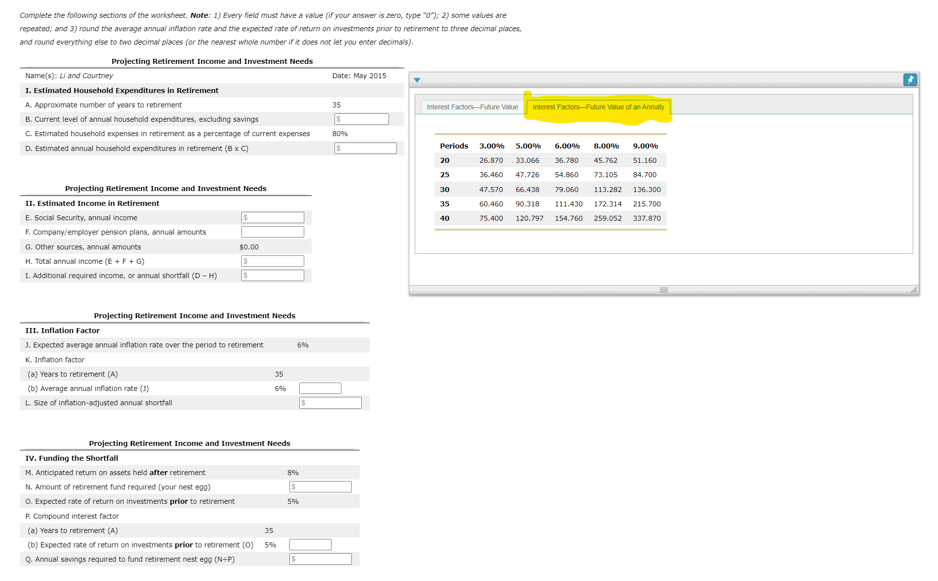 Solved Estimating Future Retirement Needs Li and Courtney | Chegg.com