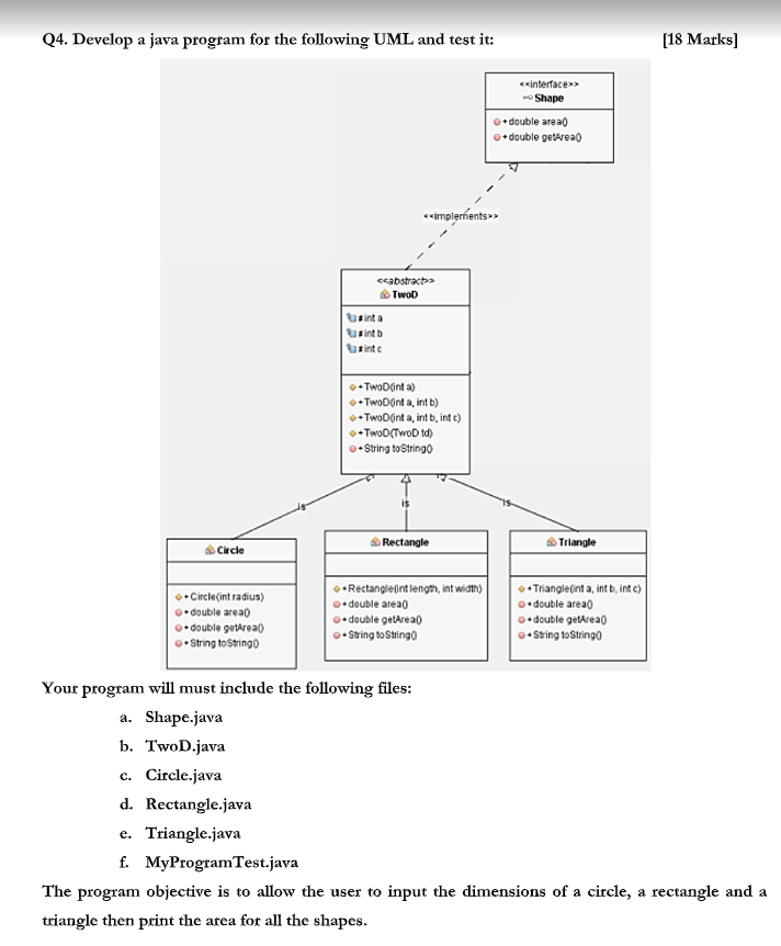 Solved Q4. Develop a java program for the following UML and | Chegg.com