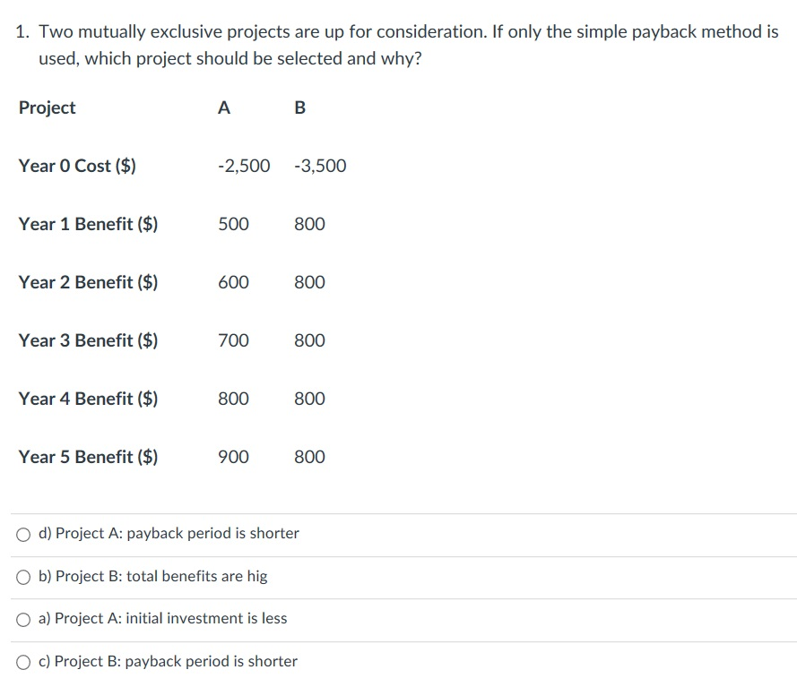 Solved 1. Two mutually exclusive projects are up for | Chegg.com
