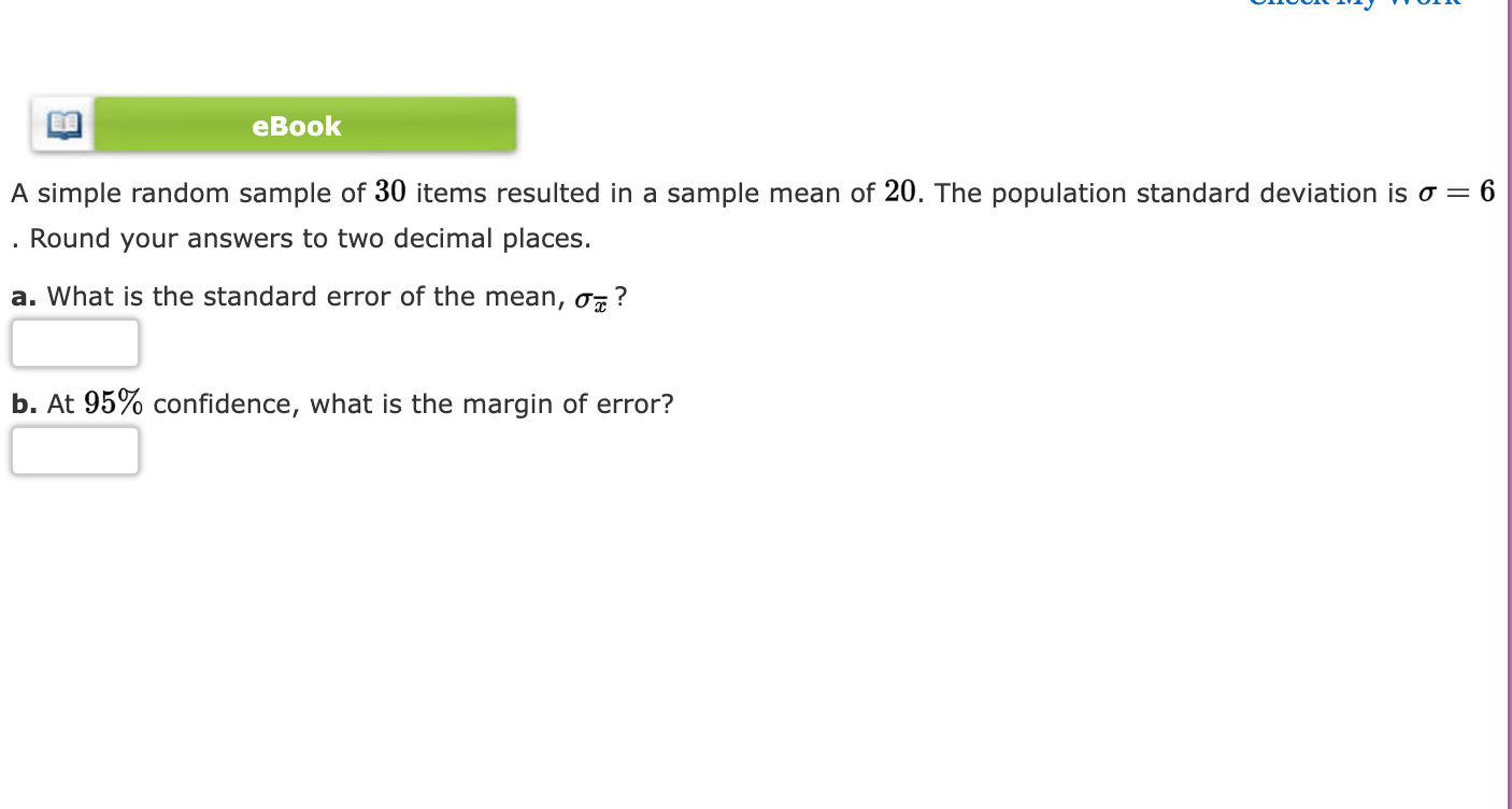 Solved eBook A simple random sample of 30 items resulted in | Chegg.com