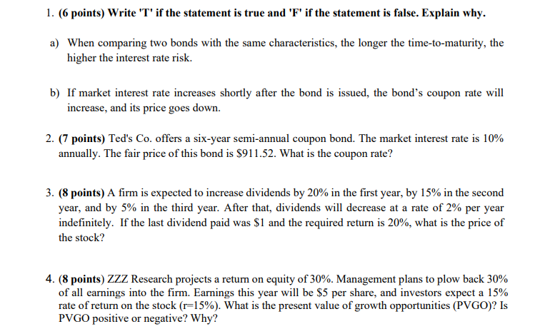 Solved 1. (6 points) Write 'T' if the statement is true and | Chegg.com