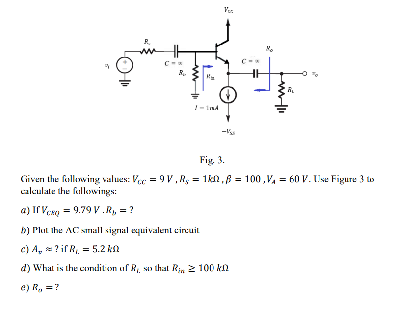 Solved Fig. 3. Given the following values: VCC=9 | Chegg.com