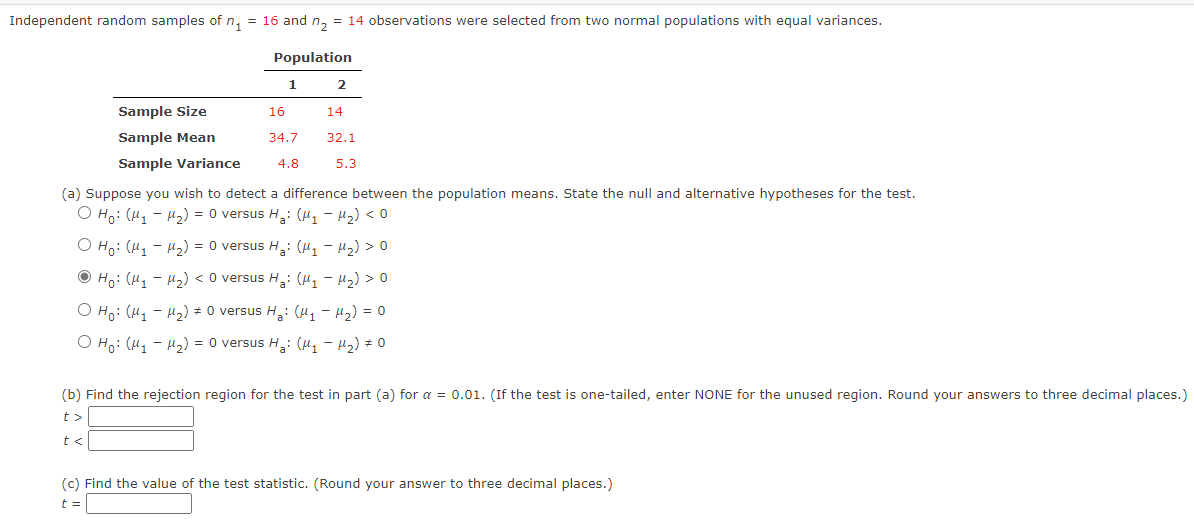 Independent random samples of n1=16 ﻿and n2=14 | Chegg.com