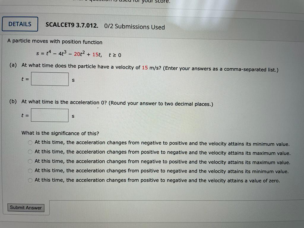 Solved A particle moves with position function | Chegg.com