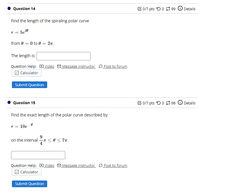 Solved Question 14 Find the length of the spiraling polar | Chegg.com