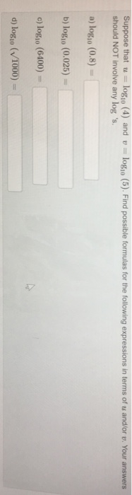 Solved Suppose that u = log_10 (4) and v = log_10 (5). Find | Chegg.com