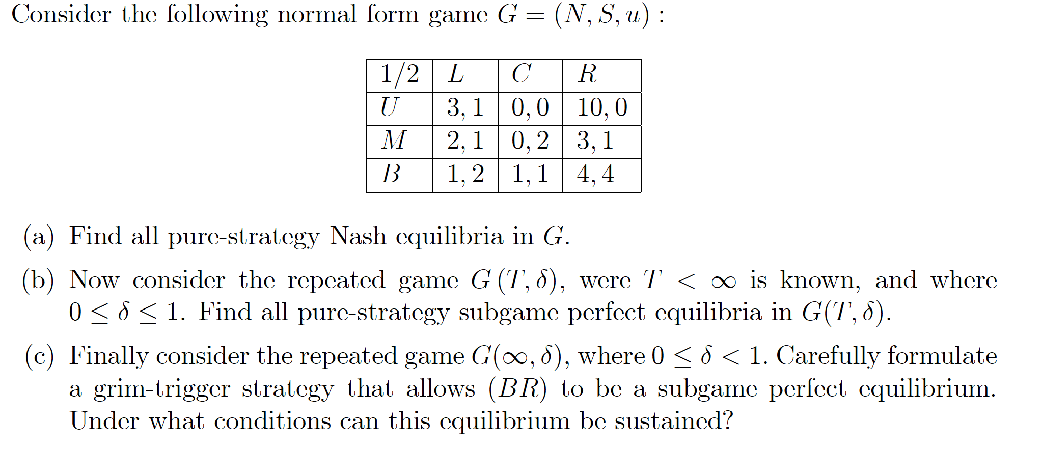 Consider the following normal form game G = (N; S; u) | Chegg.com