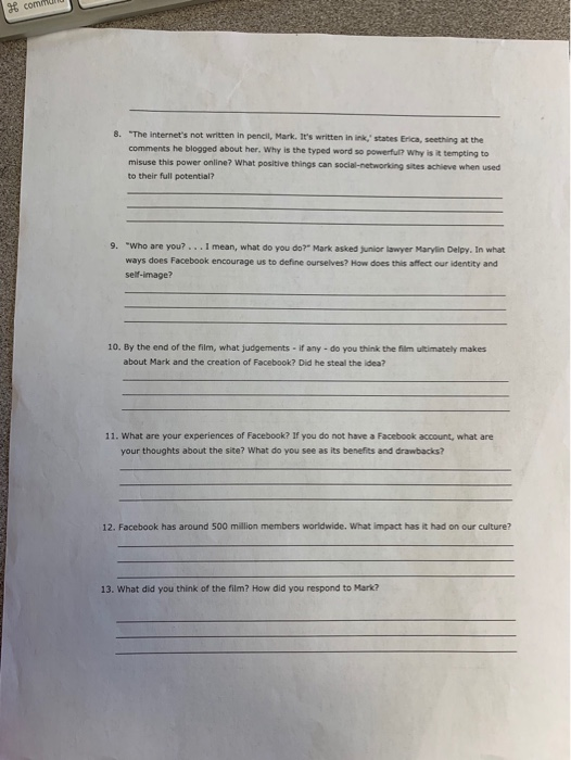 Name: The Social Network Movie Questions 1. "There's | Chegg.com