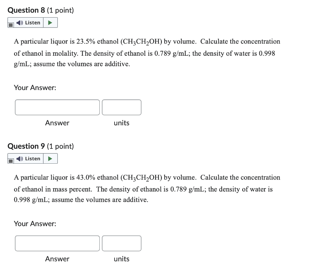 Solved A particular liquor is 23.5% ethanol (CH3CH2OH) by | Chegg.com