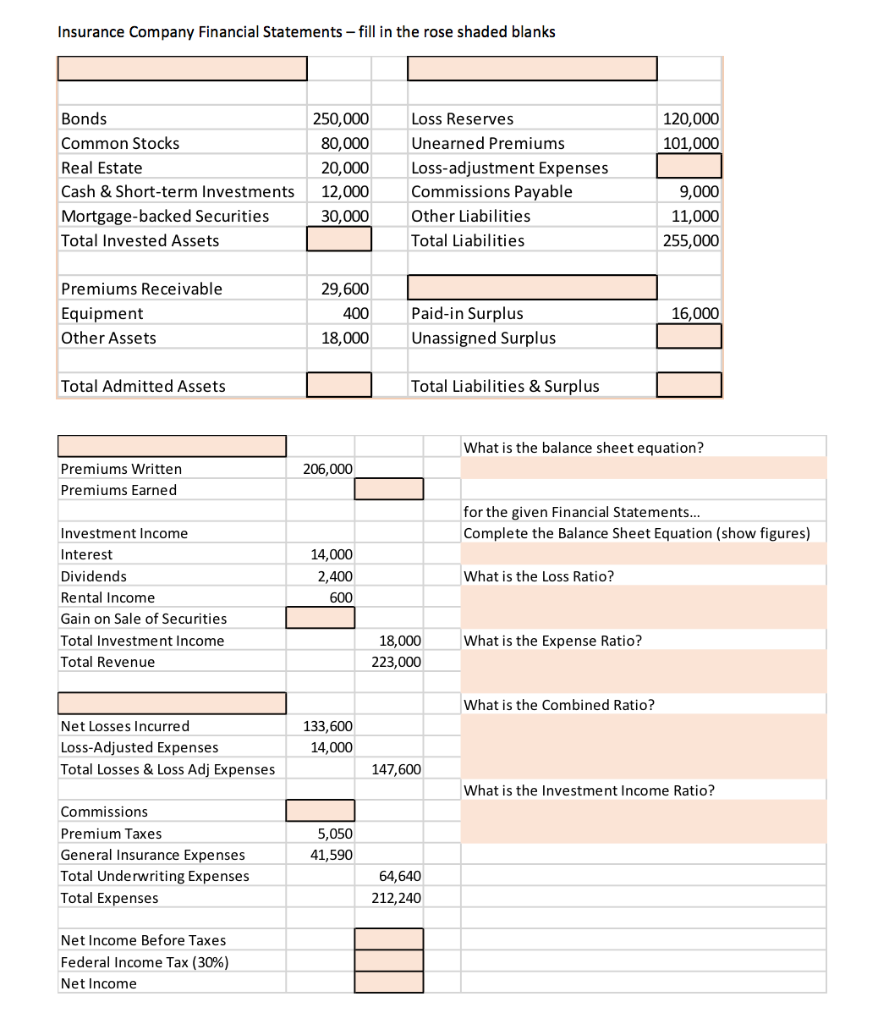 Solved Insurance Company Financial Statements – fill in the | Chegg.com