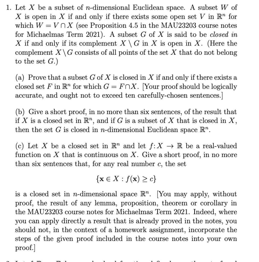 Solved 1. Let X be a subset of n-dimensional Euclidean | Chegg.com