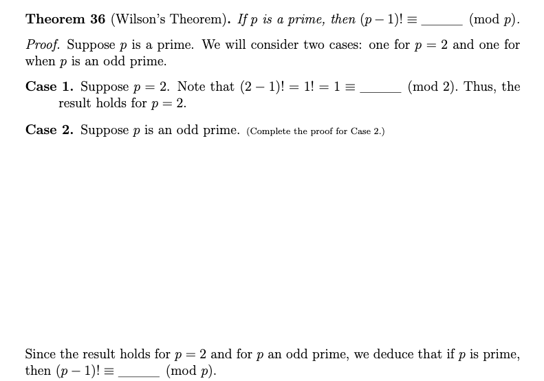 Solved Theorem 36 (Wilson's Theorem). If p is a prime, then | Chegg.com