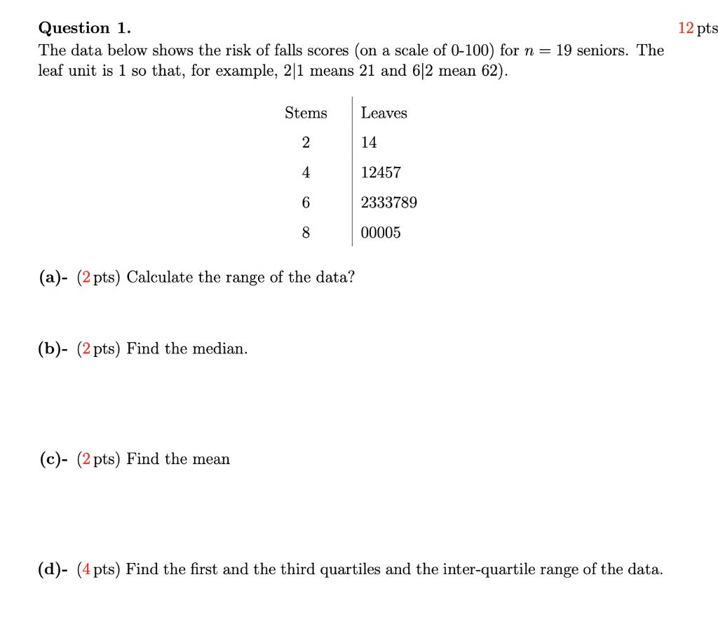 Solved 12 pts Question 1. The data below shows the risk of | Chegg.com