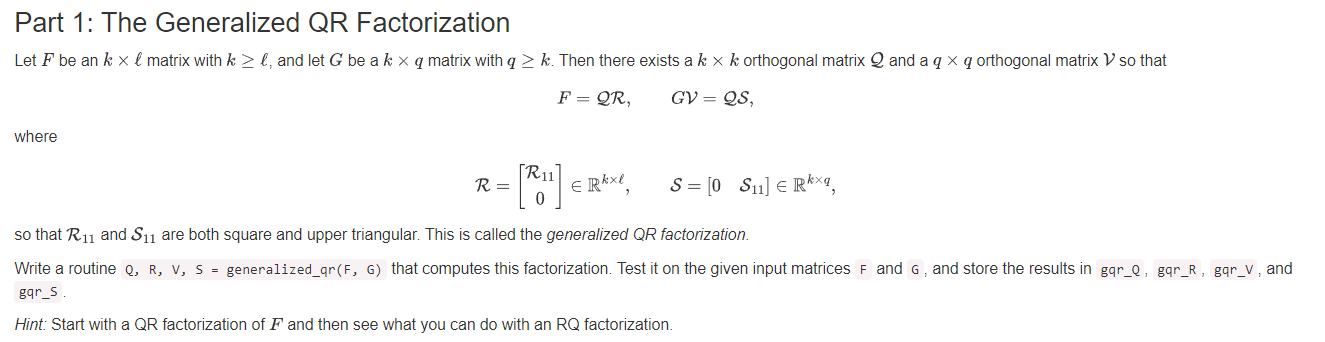 Part 1: The Generalized QR Factorization Let F be an | Chegg.com