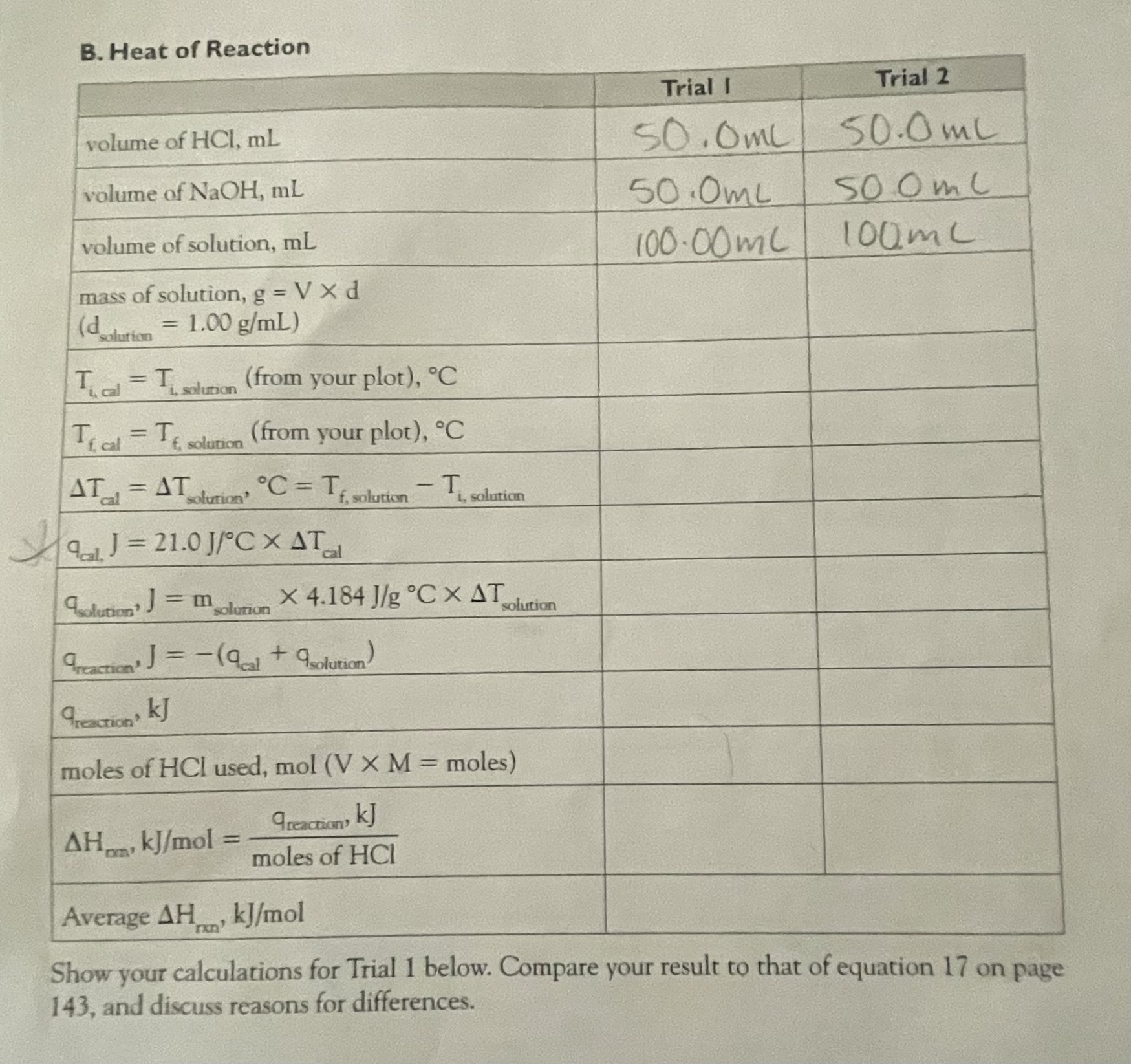 Solved What is the heat of reaction chart for lab report . | Chegg.com