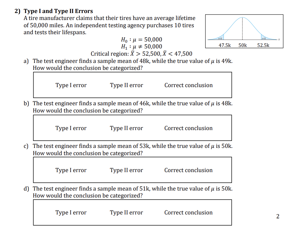 Solved 2) Type I and Type II Errors A tire manufacturer | Chegg.com