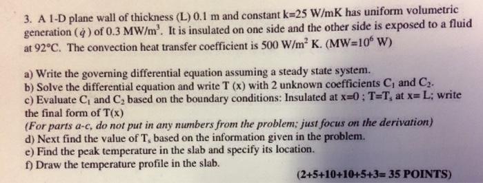 Solved A 1-D plane wall of thickness (L) 0.1 m and constant | Chegg.com