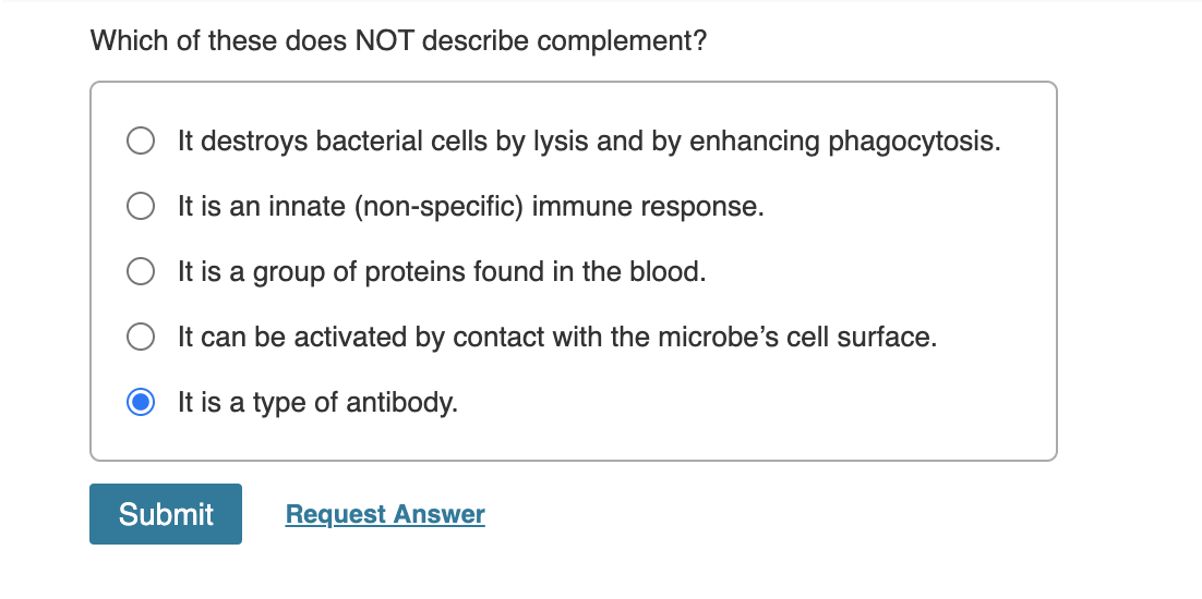 Solved Which of these does NOT describe complement? It | Chegg.com