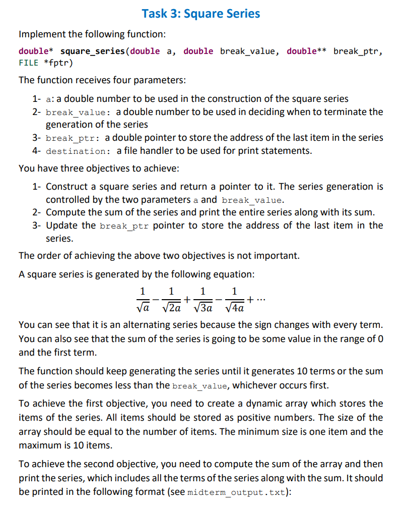 Task 3: Square Series Implement the following | Chegg.com