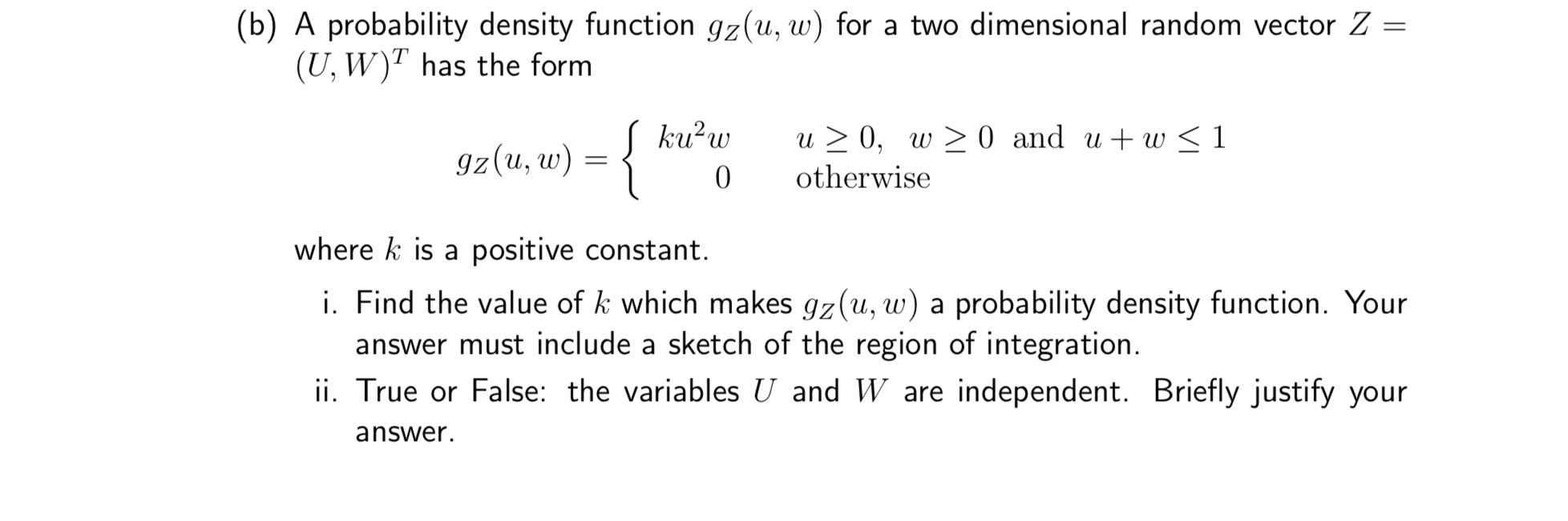Solved (b) A probability density function gz(u, w) for a two | Chegg.com