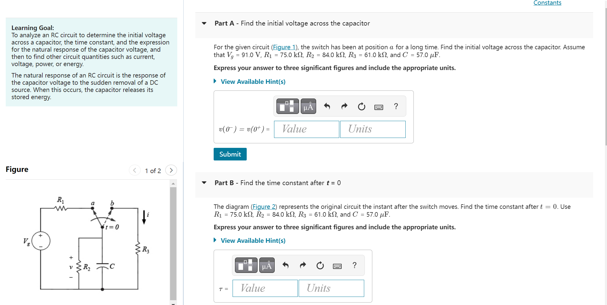 Solved Figure 1 of 2 Part B - Find the time constant after | Chegg.com