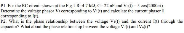 Solved Fig. 1: AC Response of an RC circuitP1: For the RC | Chegg.com