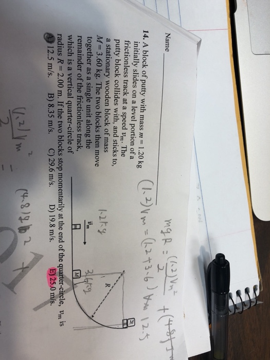 Solved Name 3 12 14. A block of putty with mass m-1.20 kg | Chegg.com