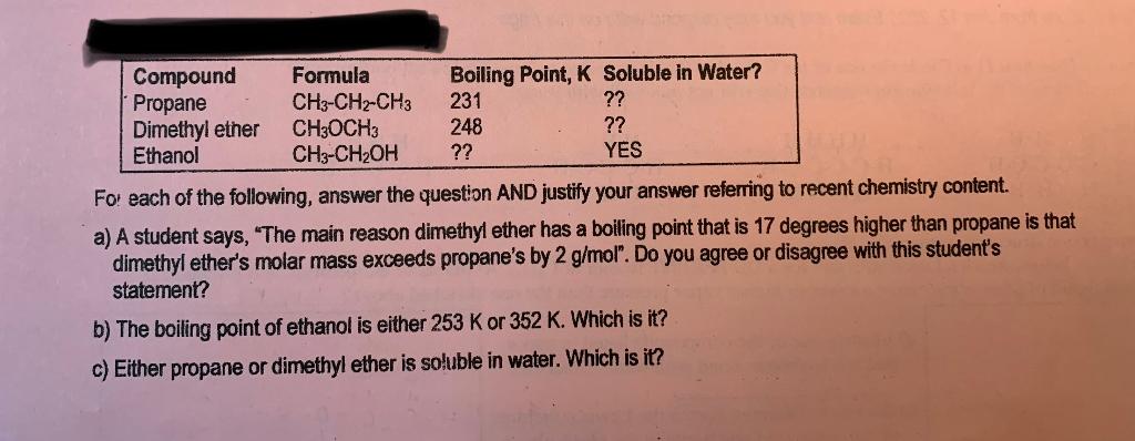 Solved Compound Propane Dimethyl ether Ethanol Formula | Chegg.com