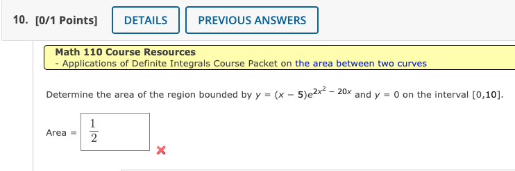 Solved Math 110 Course Resources - Applications of Definite | Chegg.com